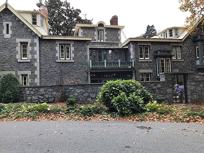 Stone walls that have weathered more than a century of Delaware seasons reveal the mansion's impressive backside &ndash; architecture that refuses to cut corners.
