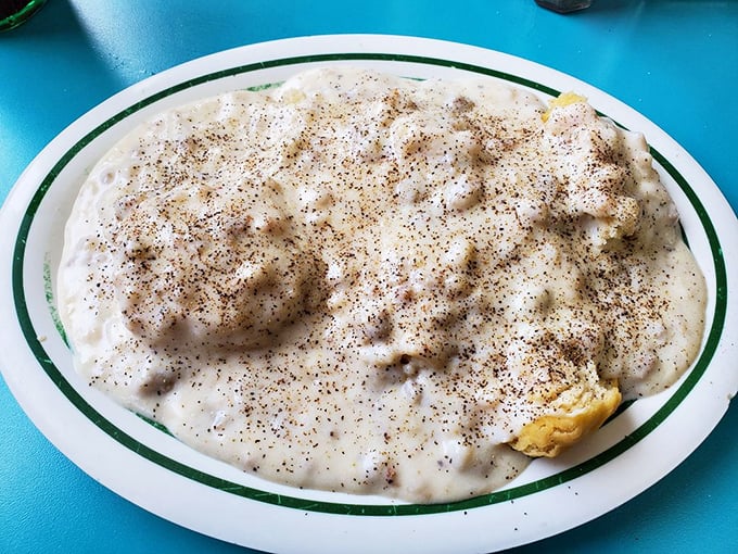 Biscuits and gravy so peppery and rich, they could make a Southern grandmother nod in approval. Comfort food that hugs you from the inside.