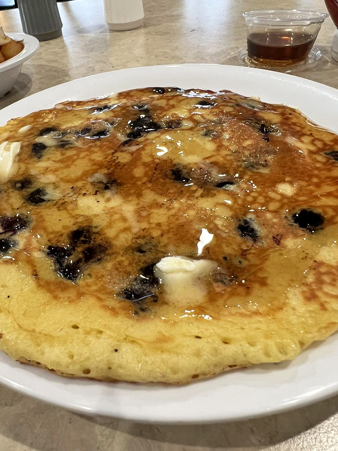 This blueberry pancake isn't just breakfast, it's a buttery canvas where maple syrup rivers flow between fruity islands of joy.