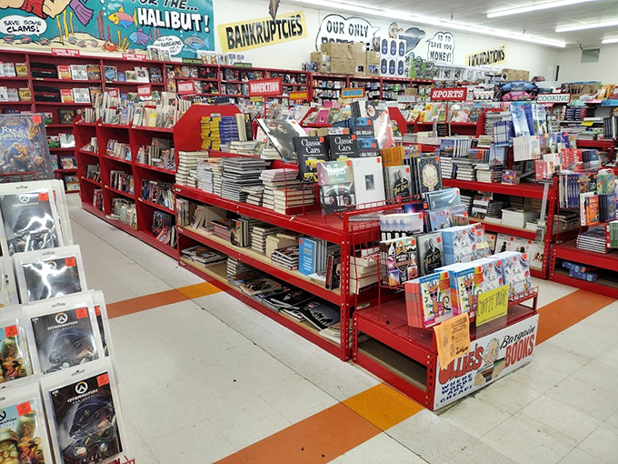 Bookworm Heaven indeed! Literary treasures nestled between quirky signage about bankruptcies and liquidations&mdash;poetry for the pragmatic shopper.
