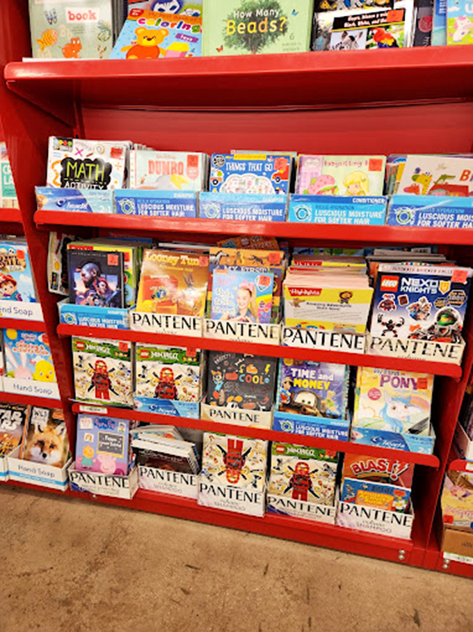 Children's books galore! Somehow Pantene shampoo snuck into this literary playground &ndash; just one of Ollie's delightful retail plot twists.