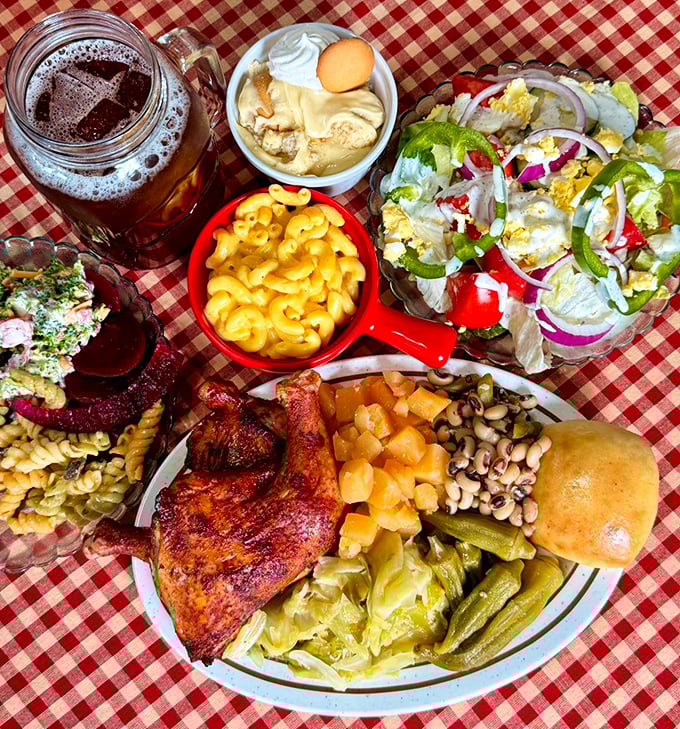The ultimate Southern feast spread across a checkered tablecloth &ndash; proof that sometimes happiness is measured in side dishes and sweet tea.