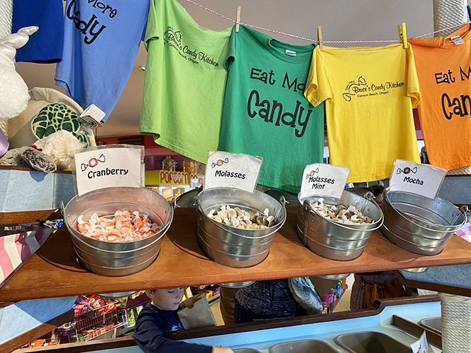 In these glass cases lie childhood flashbacks organized by flavor, where butterscotch, strawberry, and pineapple taffy wait patiently for your selection.