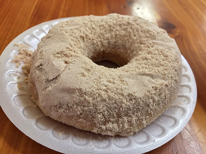 The famous cinnamon caramel donut, coated in a sandy sugar mixture that will have you checking your pockets for more on the drive home.