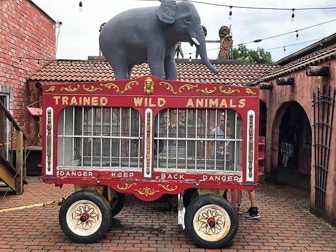 This vintage circus wagon topped with a life-sized elephant statue perfectly captures the traveling carnival aesthetic that inspires the whole complex.