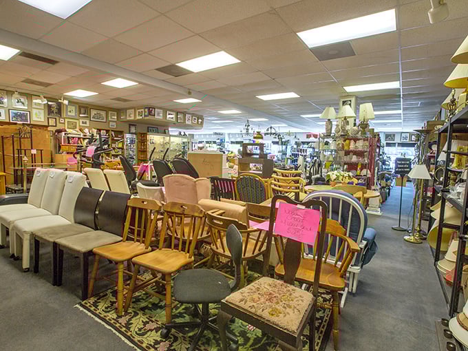 It's like a United Nations summit of seating options. That embroidered chair is definitely plotting something with the leather recliner across the aisle.