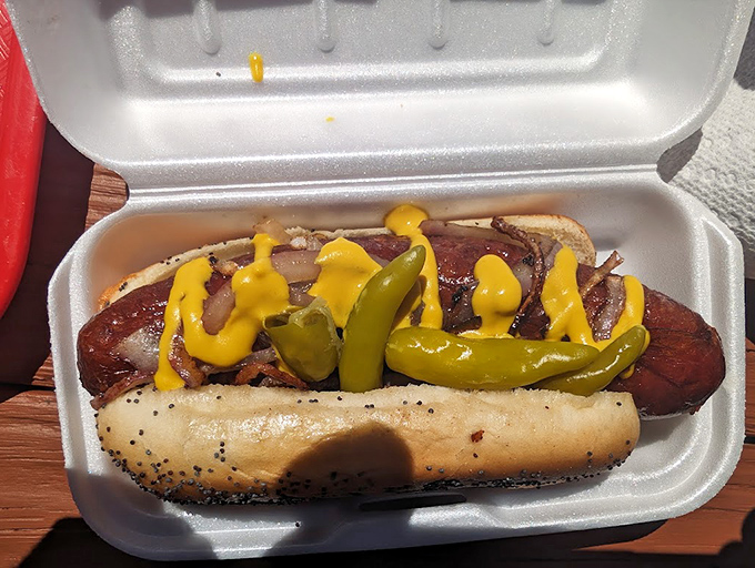 Yellow mustard zigzags across this hot dog like a delicious highway, while jalape&ntilde;os promise a spicy journey worth every flavorful mile.