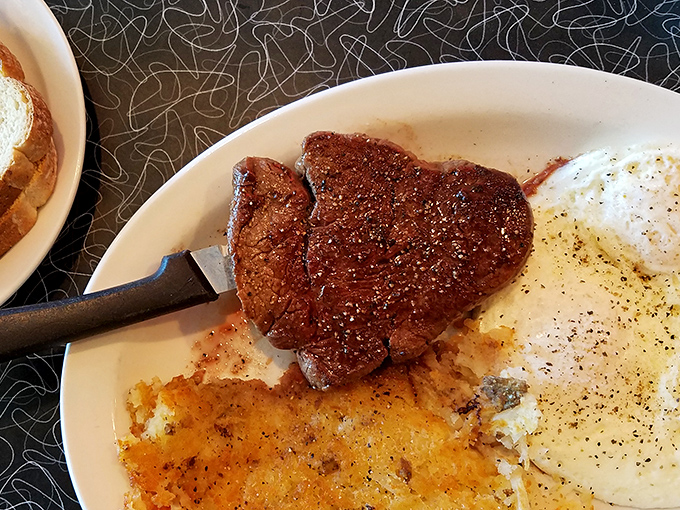 Some relationships don't last, but the love affair between a perfectly cooked steak and hashbrowns is eternal. This plate should come with a marriage license.