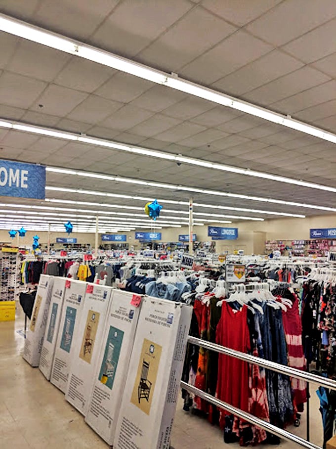 The clothing department &ndash; where fashion meets function without emptying wallets. Blue star balloons hover above like budget-friendly guardian angels.