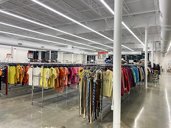 Color-coded clothing racks stretch toward infinity, organized with a precision that would make Marie Kondo weep with joy.