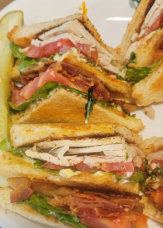 The club sandwich: architectural marvel of the diner world. Each layer precisely stacked like the gastronomic equivalent of a Frank Lloyd Wright design.