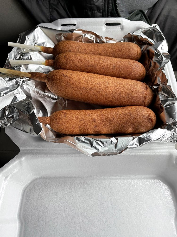 Golden-brown sentinels standing at attention in their foil-lined barracks, these corn dogs are worth every mile of the journey.