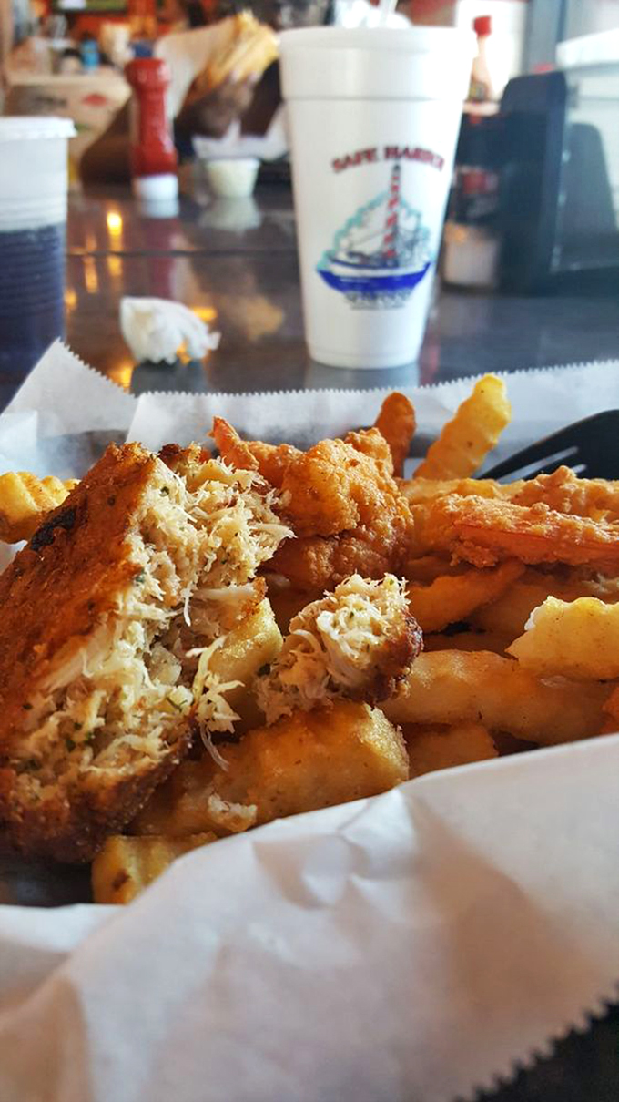 A seafood trifecta: blackened fish, perfectly seasoned shrimp, and that crab cake star stealing the show again.