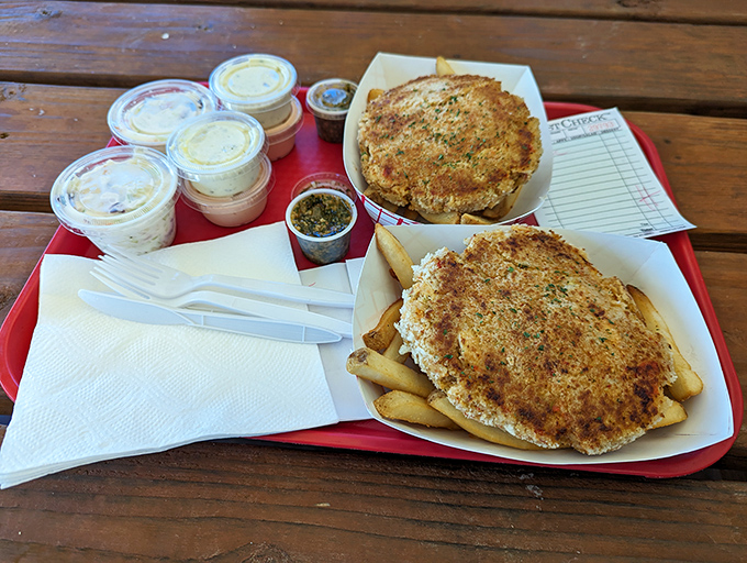 Double the crab cakes, double the joy. These golden discs of happiness come with enough sauce options to make a condiment collector weep with joy.