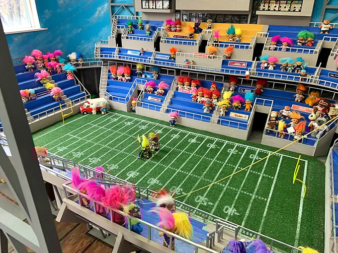 Troll Stadium: where tiny athletes with gravity-defying hair compete. This miniature sports arena demonstrates the museum's commitment to elaborate dioramas that transform simple toys into worlds of imagination.