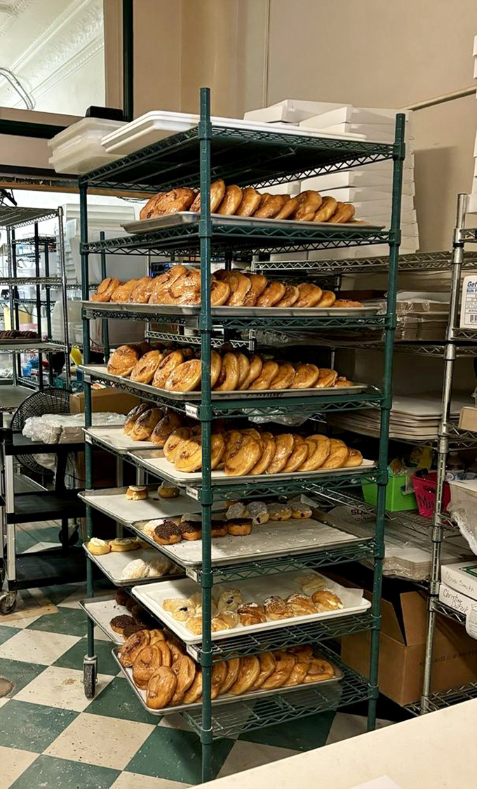 Donut heaven exists, and it looks exactly like this. These golden rings aren't just cooling&mdash;they're preparing for their moment of glory.
