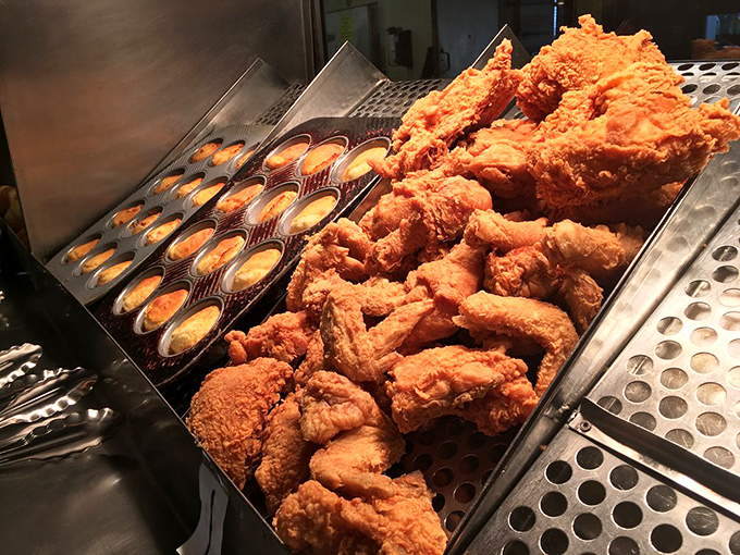 The mother lode of fried chicken perfection. That golden-brown battalion of crispy delights stands at attention, ready to report for stomach duty.
