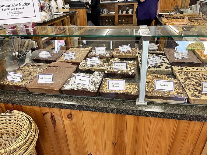 Behold the fudge rainbow! From strawberry cheesecake to classic chocolate, each slab represents a different path to sweet enlightenment.