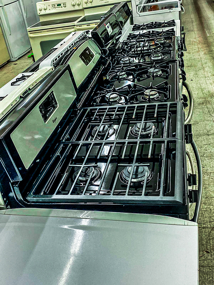 Kitchen dreams line up at attention, gleaming with possibility. These aren't just stoves; they're future family gatherings and midnight snack headquarters.