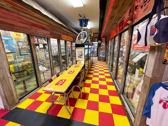 The retro hallway could double as a time machine, complete with checkerboard floors that wouldn't look out of place in "Happy Days."
