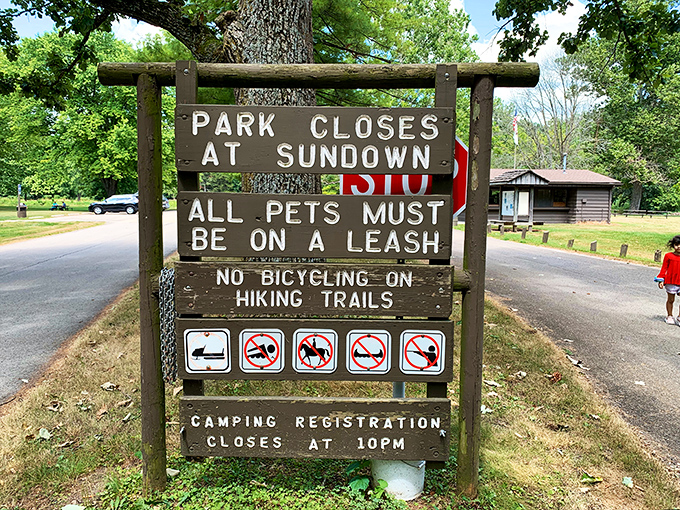 Rules of the forest kingdom: Leave by sundown, keep Fido leashed, and no Tour de France practice on hiking trails. Fair enough!