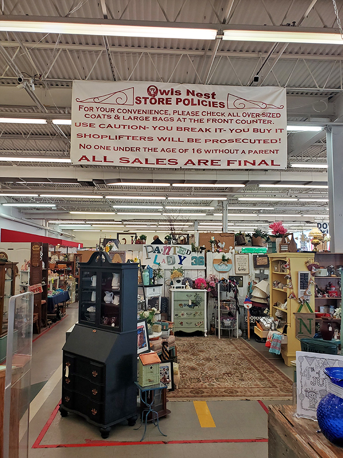 The store policies banner hangs like a friendly warning: "You break it, you buy it" has never looked so charming.
