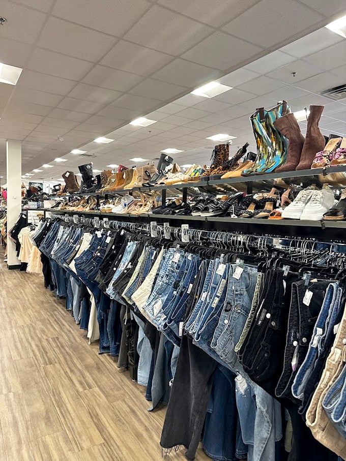 The denim wall&mdash;where jeans of every wash and vintage hang like an art installation dedicated to America's favorite pants. 