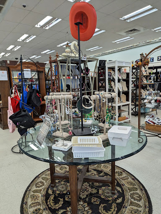 Jewelry displays that would make a pirate's treasure chest look understocked. That red cowboy hat hanging nearby is just waiting for its Nashville moment.