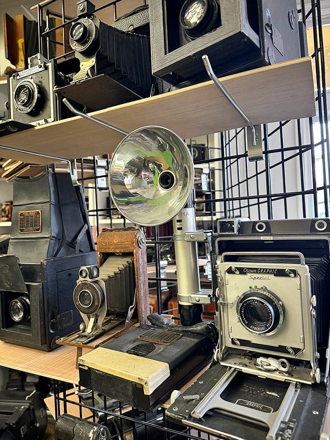 The original "point and shoot" wasn't so simple! These vintage cameras with their accordion bellows and brass fittings required patience, skill, and really steady hands.