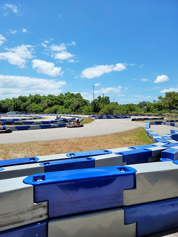 Racing under Florida's endless blue sky. The distinctive blue and white barriers create a winding path to victory&mdash;or at least bragging rights.