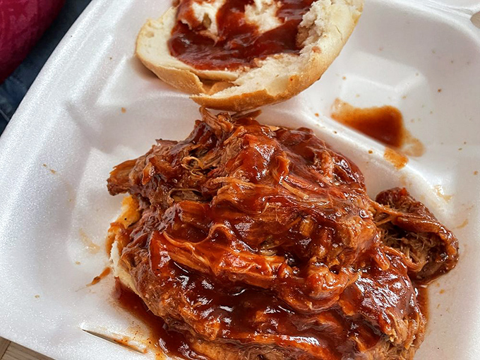 Pulled pork that's had a proper introduction to sauce. The kind of sandwich that requires both hands and at least three napkins&mdash;possibly four.