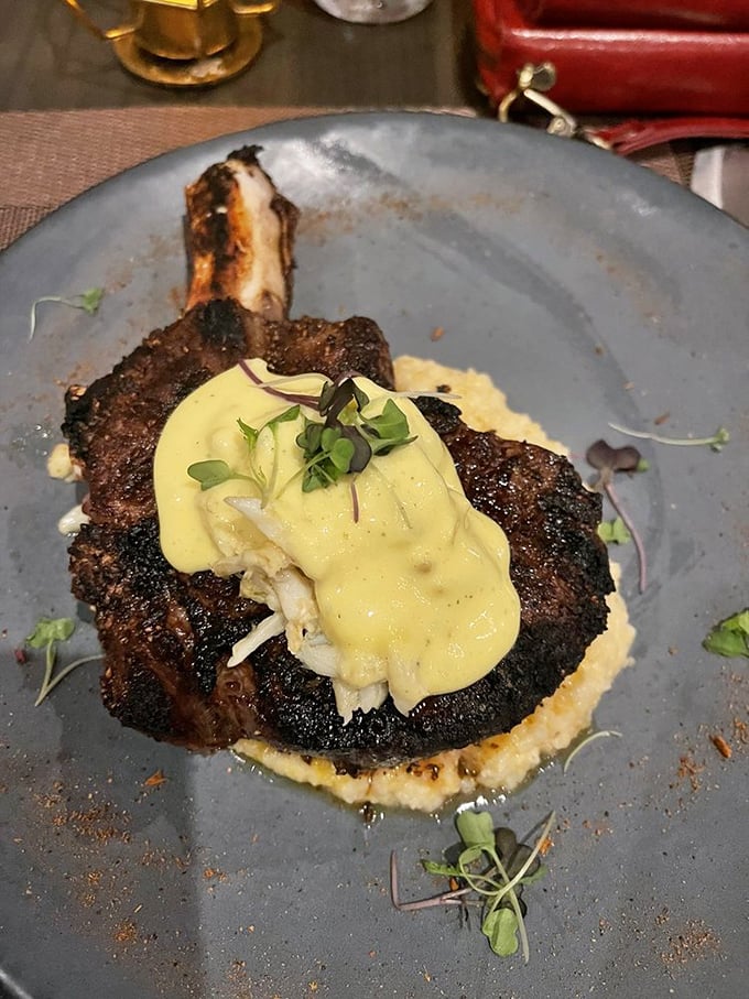When steak gets a creamy topping and a bone to prove it means business. This is beef living its best life on a plate.