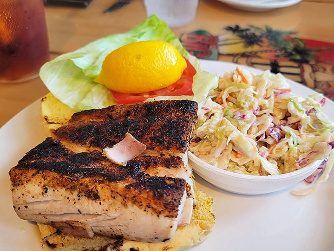 Blackened to perfection, this sandwich doesn't need fancy garnishes &ndash; just fresh fish speaking its delicious truth.