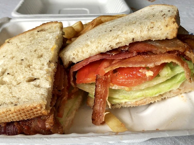 Architecture matters in sandwich construction. This cross-section reveals the golden ratio of bacon-to-lettuce-to-tomato that has mathematicians and foodies equally impressed.