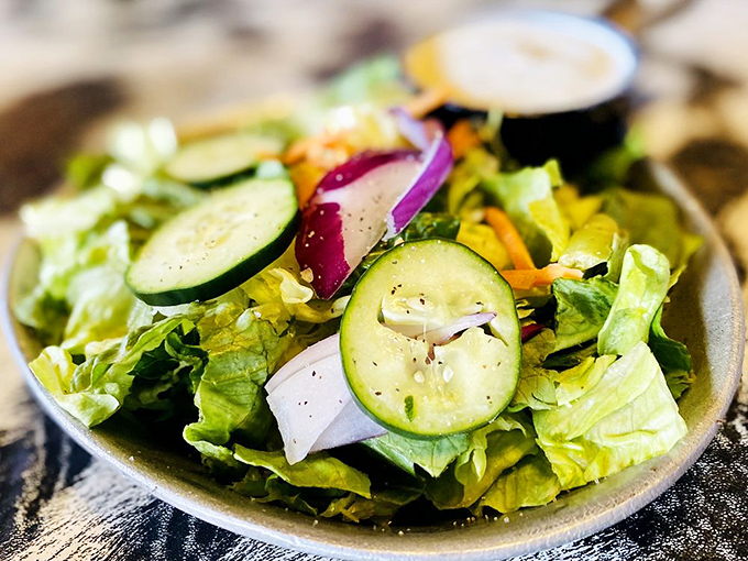 Yes, they do serve vegetables! This side salad is the culinary equivalent of bringing a library book to a rock concert.