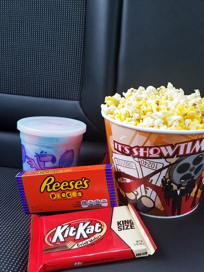 The holy trinity of drive-in dining: buttery popcorn, peanut butter cups, and chocolate wafers&mdash;comfort food for your comfort zone.