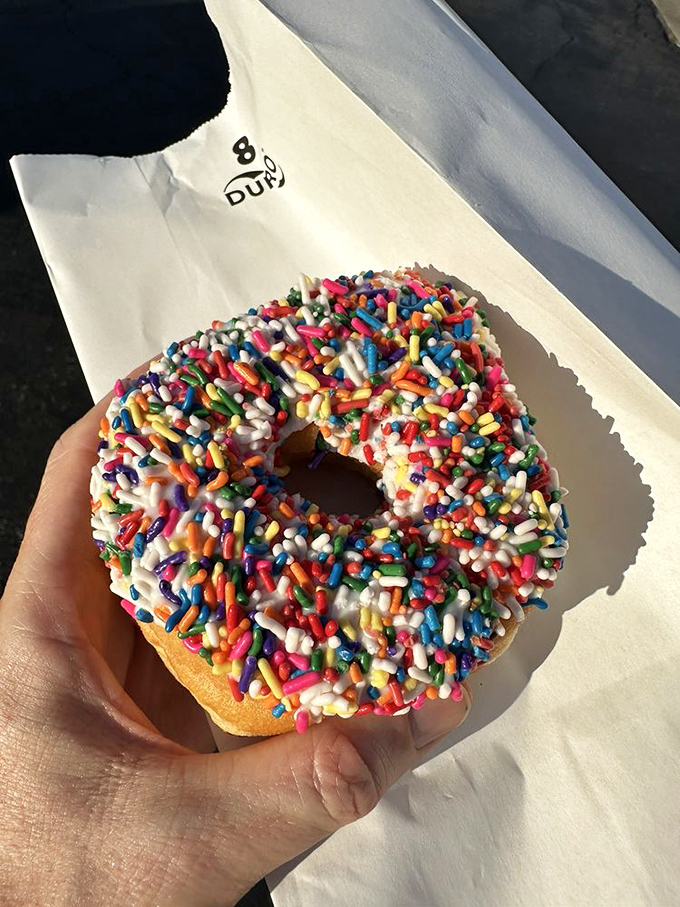 Rainbow sprinkles aren't just for kids. This classic beauty proves that sometimes happiness is as simple as fried dough covered in tiny candy confetti.