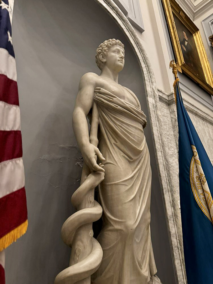 The statue of Asclepius with his serpent-wrapped staff stands guard in the grand entrance hall, a classical reminder of medicine's ancient roots.