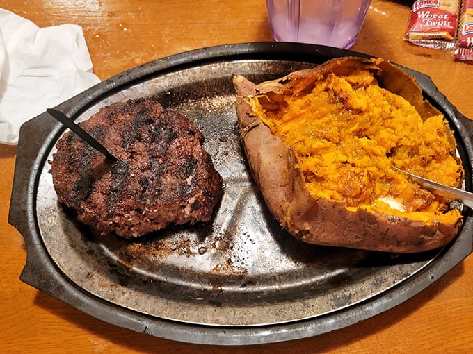 When a burger just won't do, this hand-cut marvel with a loaded sweet potato delivers the hearty satisfaction our ancestors must have felt after a successful hunt.