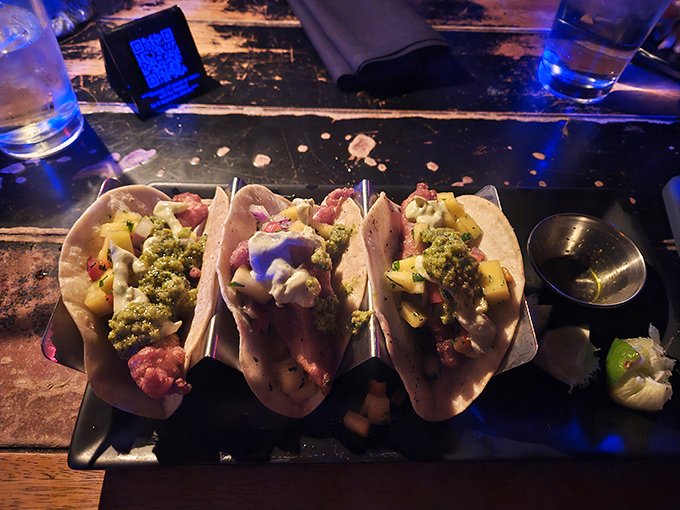 Tacos with a terrifying twist! These colorful handheld delights come loaded with toppings that would make any foodie scream with delight. 