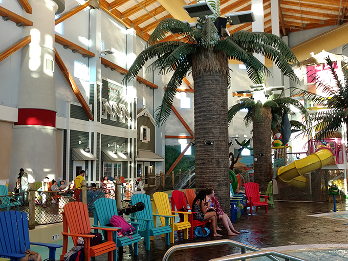 Soaring wooden beams and artificial palms create the illusion you've wandered into a tropical resort, not the middle of wheat country.