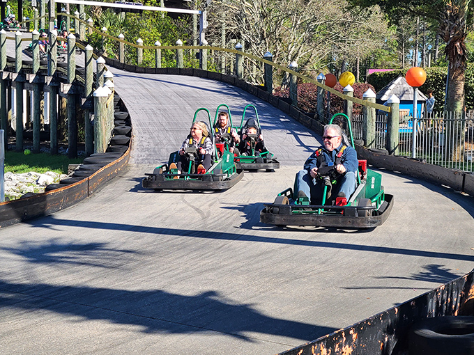 Multi-generational fun in action&mdash;where grandma discovers she's secretly been harboring Formula One aspirations all these years. The family that races together, braces together!