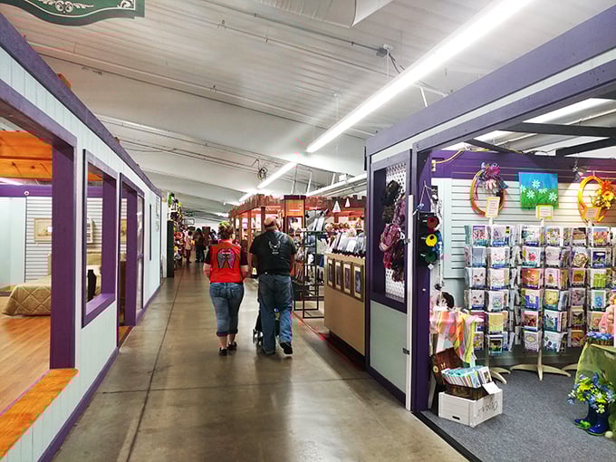 The marketplace's colorful storefronts create a mini-Main Street experience indoors. No weather worries when treasure hunting here!