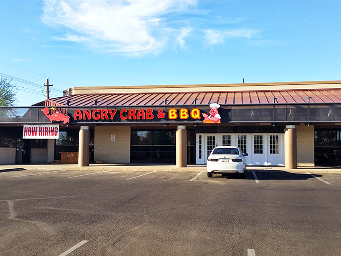 The Angry Crab's bold signage promises a gloriously messy seafood experience&mdash;better wear clothes you don't mind sacrificing to the cause.