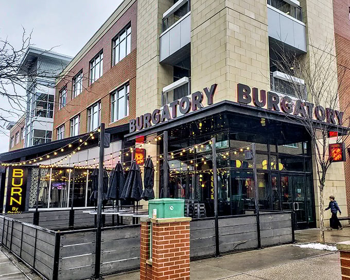 Burgatory's modern glass front invites you to commit delicious sins against your diet with zero regrets.