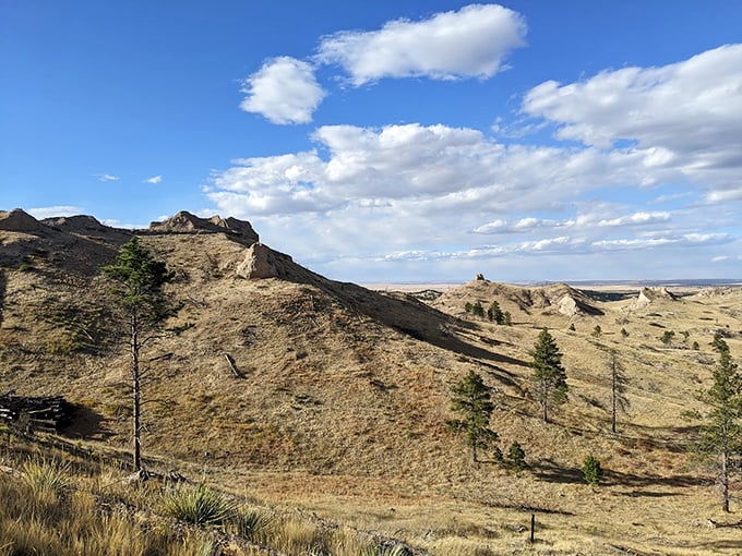 Buffalo Bill's historic barn stands proud, its classic red a bold exclamation point on the prairie landscape. 