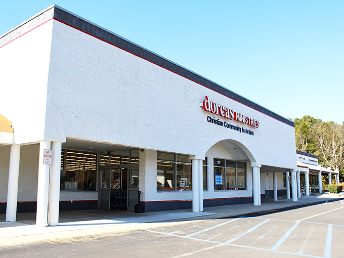 Dorcas Thrift Shop's clean, modern exterior belies the vintage treasures within. Don't judge a thrift store by its facade!