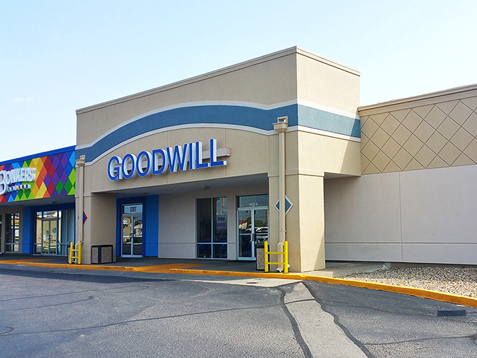 The iconic blue Goodwill sign &ndash; like a North Star for bargain hunters navigating the galaxy of second-hand possibilities.