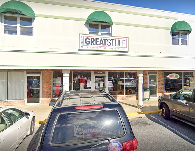 Great Stuff's understated storefront &ndash; the Clark Kent of thrift stores, hiding superhero-level designer finds inside.