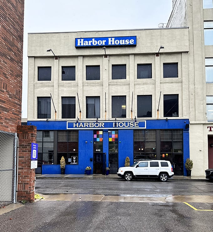 Harbor House's bold blue facade stands out in Detroit like that one friend who refuses to blend into the background.